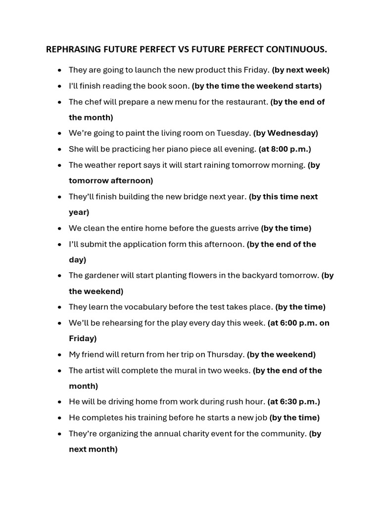 REPHRASING FUTURE PERFECT VS FUTURE PERFECT CONTINUOUS | PDF