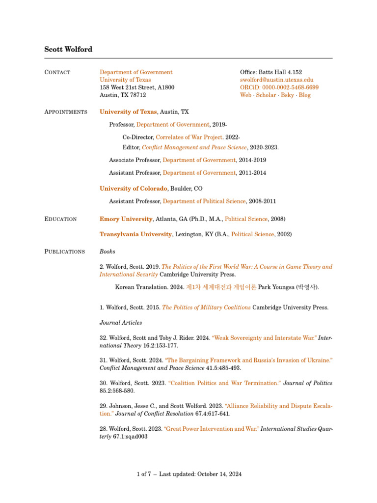 wolford_cv | PDF | Political Science | International Relations