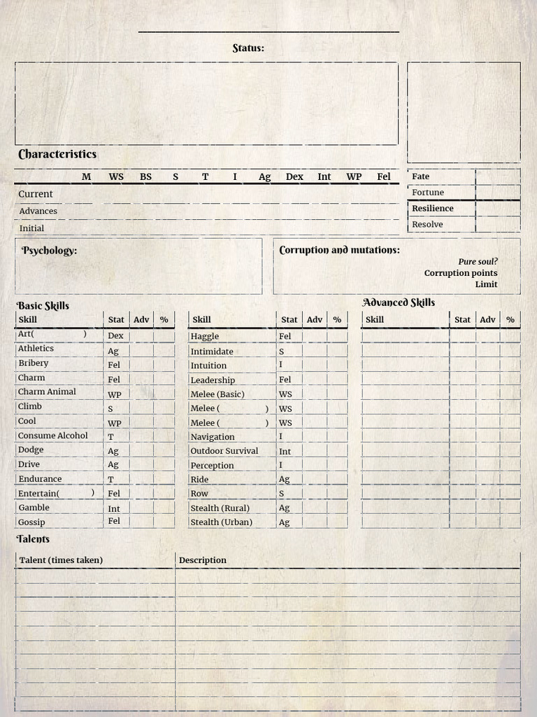 WFRP Character Sheet Flat | PDF