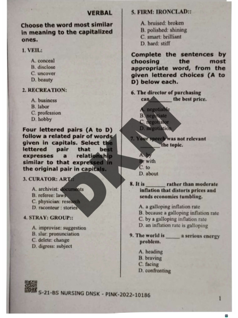 BSN -entry-test-paper-2022-nts (DKM) | PDF