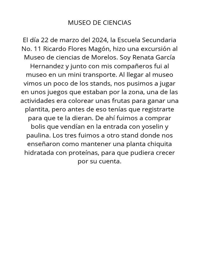 MUSEO de CIENCIAS El Día 22 de Marzo Del 2024, La Escuela Secundaria No ...