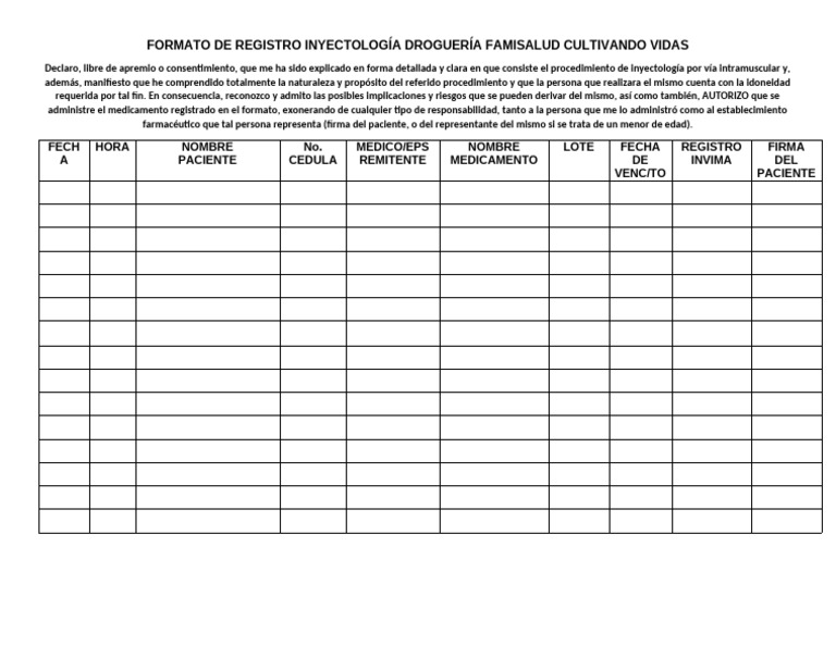 Formato Inyectología Droguería Famisalud | PDF