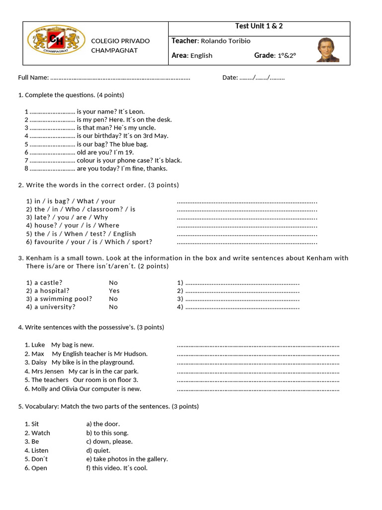 1°&2° Test Unit 1 & 2 | PDF