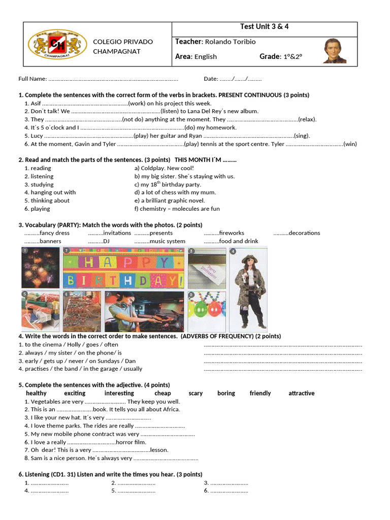 1°&2° Grade - Test Unit 3 & 4 | PDF | Linguistics