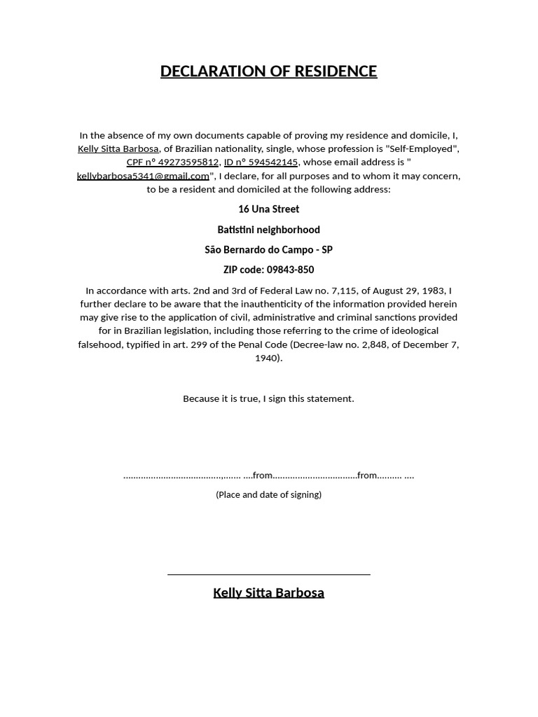 Declaration of Residence | PDF