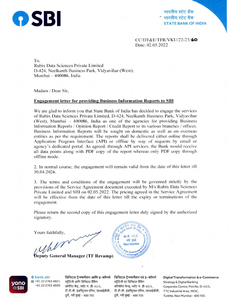 State Bank of India Empanelment Letter For Credit & Opinion Reports | PDF