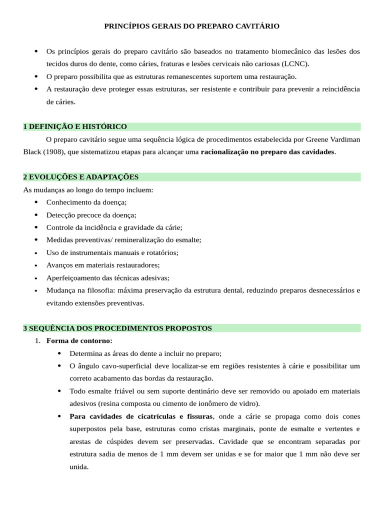 Resumo Princípios Gerais Do Preparo Cavitário | PDF | Odontologia ...
