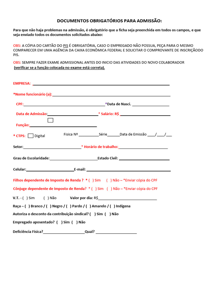 Documentos Obrigatórios para Admissão | PDF