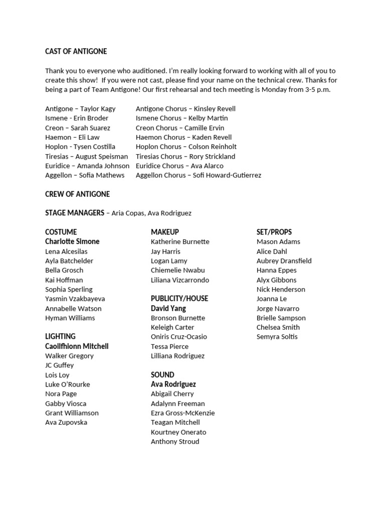 Cast and Crew of Antigone | PDF