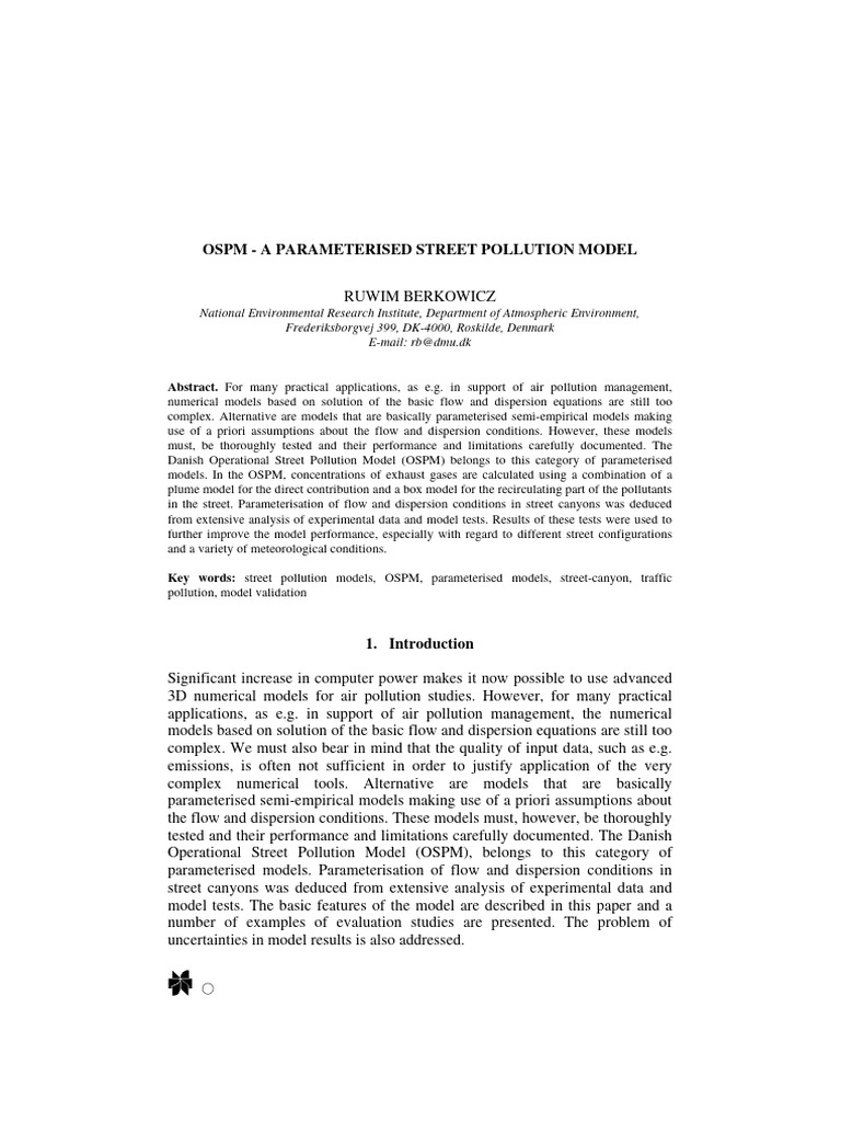 Berkowicz OSPM Parameterised | PDF | Wound | Air Pollution