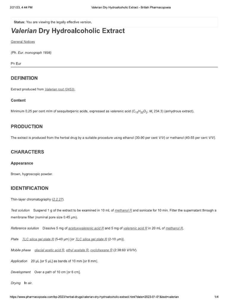 Valerian Dry Hydroalcoholic Extract BP 2023 | PDF
