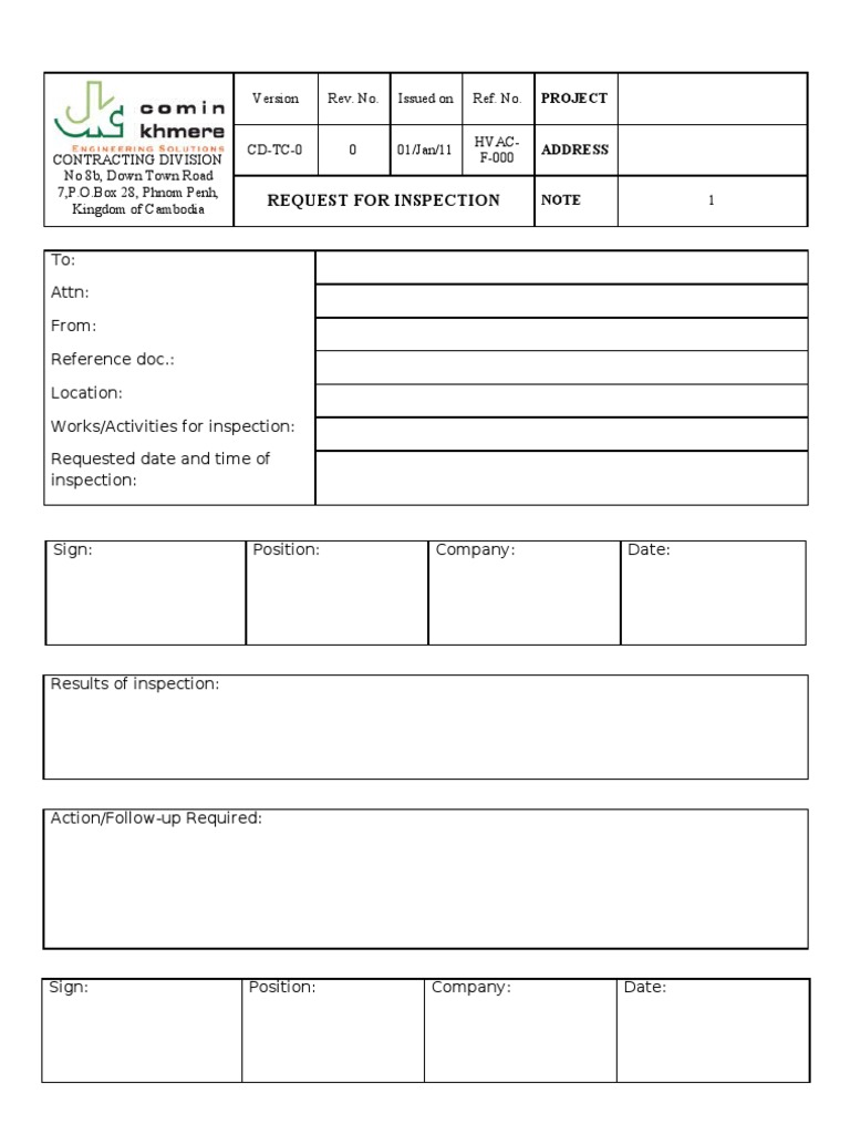 Request for Inspection Form