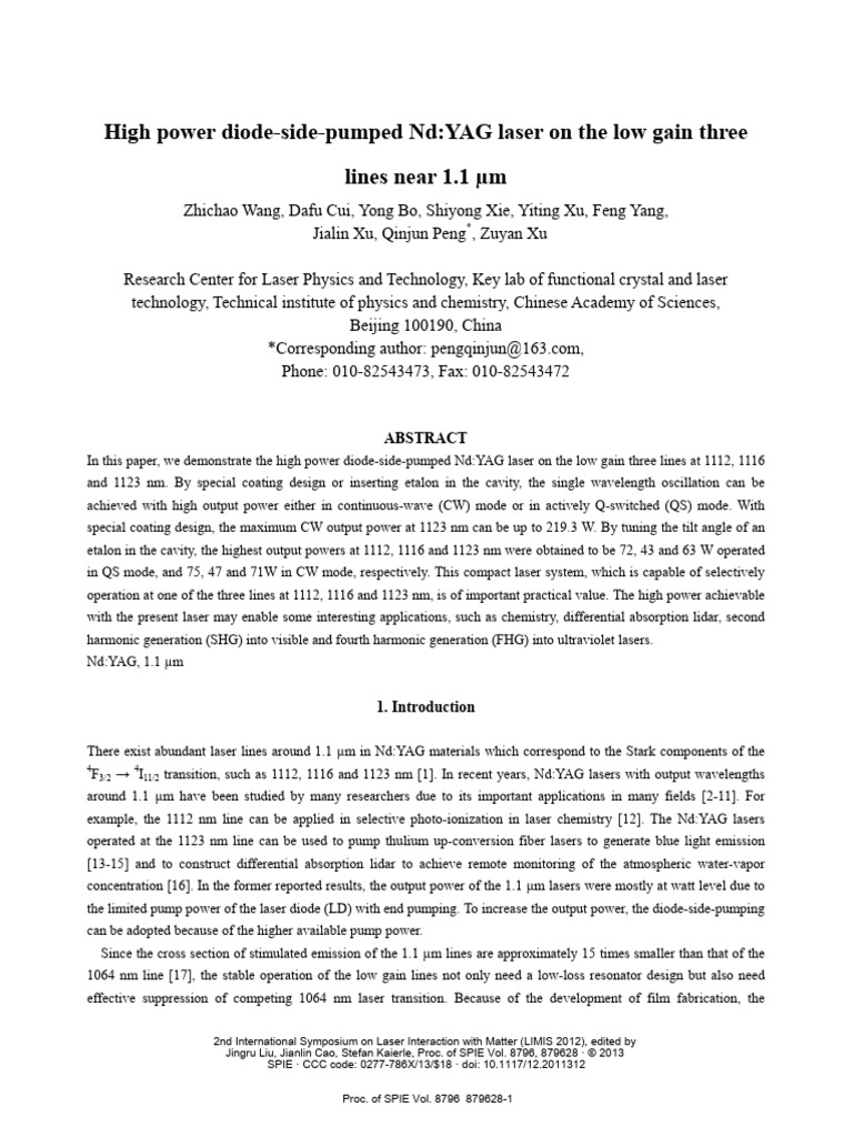 High Power Diode-Side-Pumped ND - YAG Laser | PDF | Laser | Optics