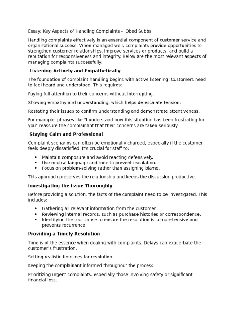 Unidad 4. Actividad 2. Essay. Complaint Management | PDF