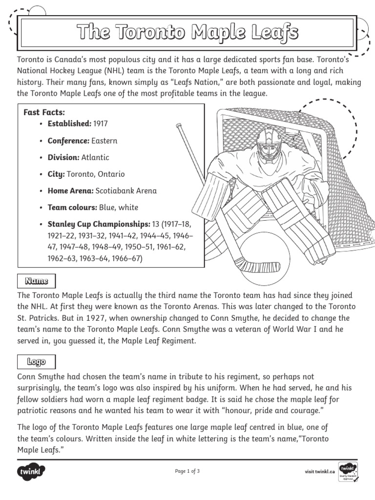 Toronto Maple Leafs Reading Comprehension B&W | PDF | Toronto Maple ...