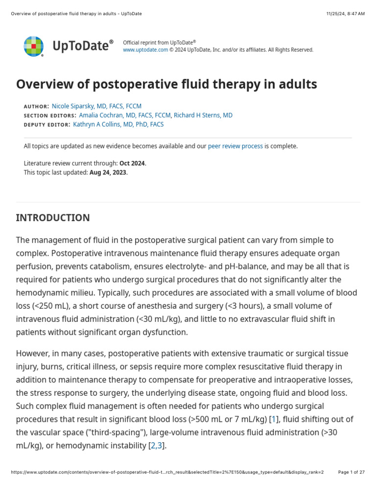Overview of postoperative fluid therapy in adults - UpToDate | PDF ...