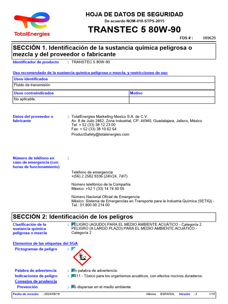 Hoja de Seguridad TRANSTEC 5 80W-90 | PDF | Residuos | Agua
