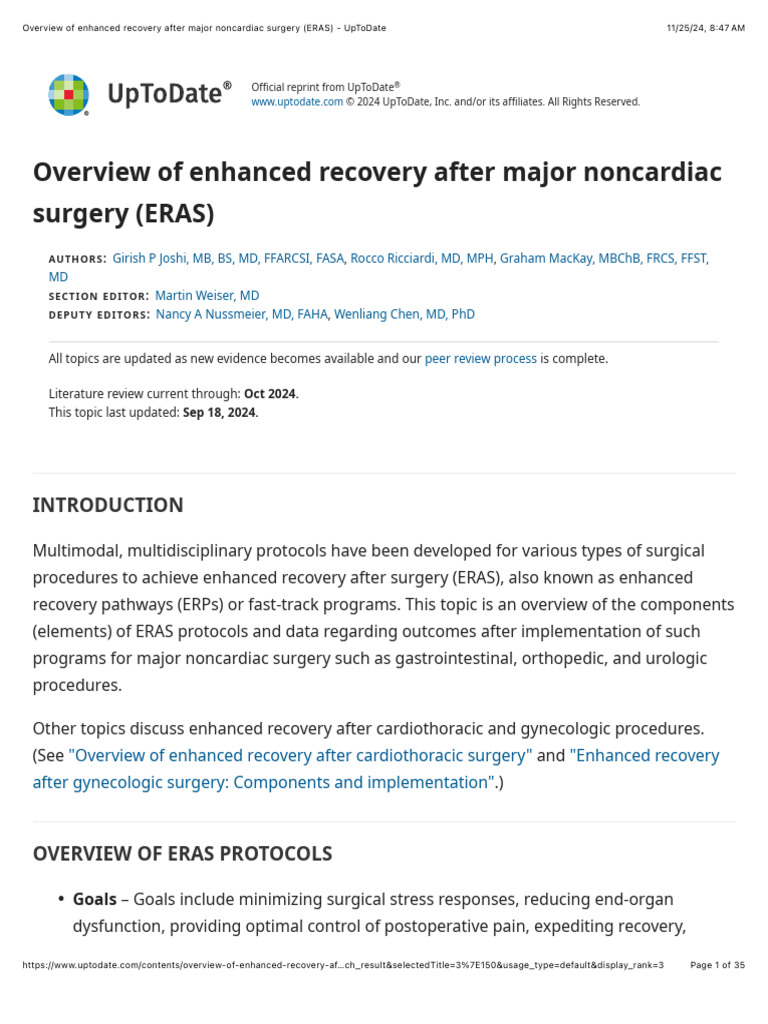 Overview of enhanced recovery after major noncardiac surgery (ERAS ...