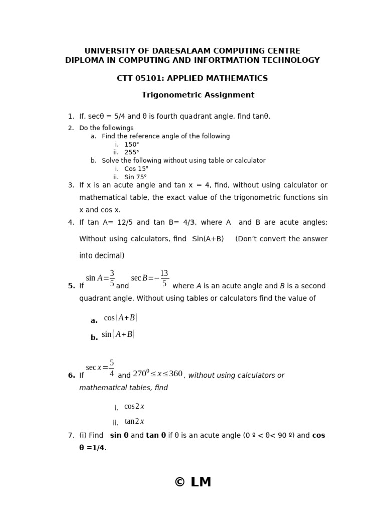 Trigonometric Assignment | PDF