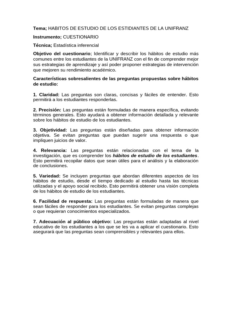 Cuestionario Habitos de Estudio | PDF | Cuestionario | Habilidades de ...