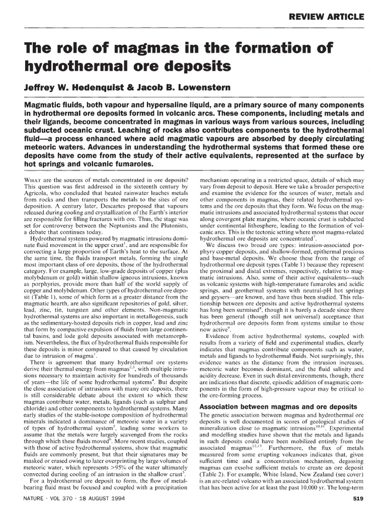 Hedenquist - Lowenstern - 1994 - The Role of Magmas in The Formation of Hydrothermal Ore ...