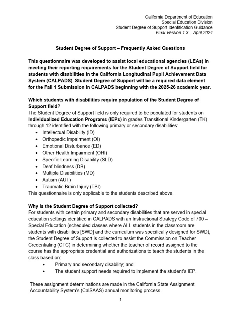 Student Degree of Support Identification Guidance Final Version 1 3 April 2024 | PDF ...