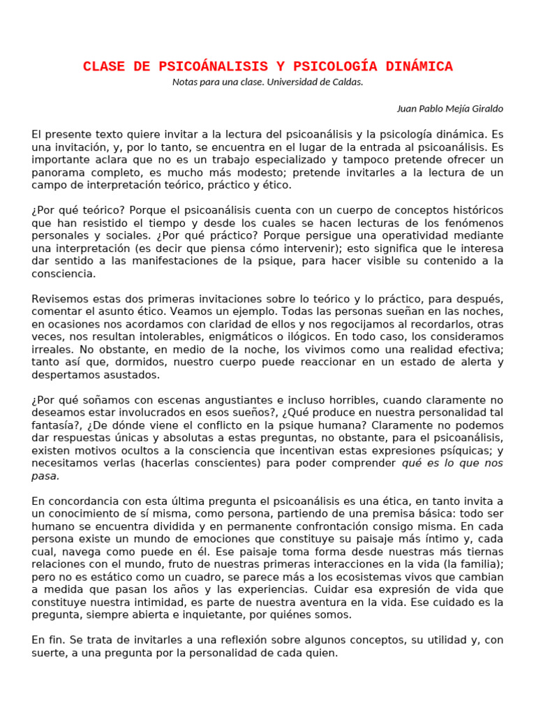 Clase de Psicoana?lisis y Psicologi?a Dina?mica 2024 | PDF | Psicoanálisis | Mente inconsciente