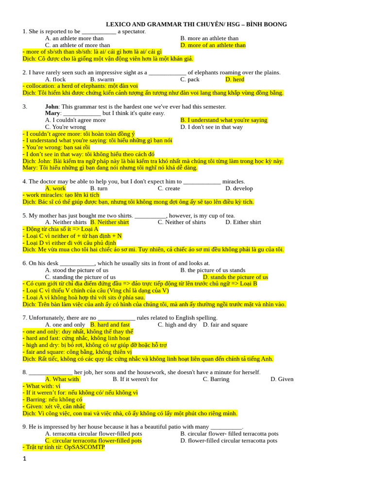 KEY TO LEXICO AND GRAMMAR THI CHUYE Én AND HSG | PDF