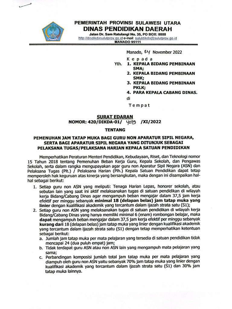 Surat Edaran Mekanisme Jam Mengajar PLT Kepsek Dan Guru Non ASN | PDF