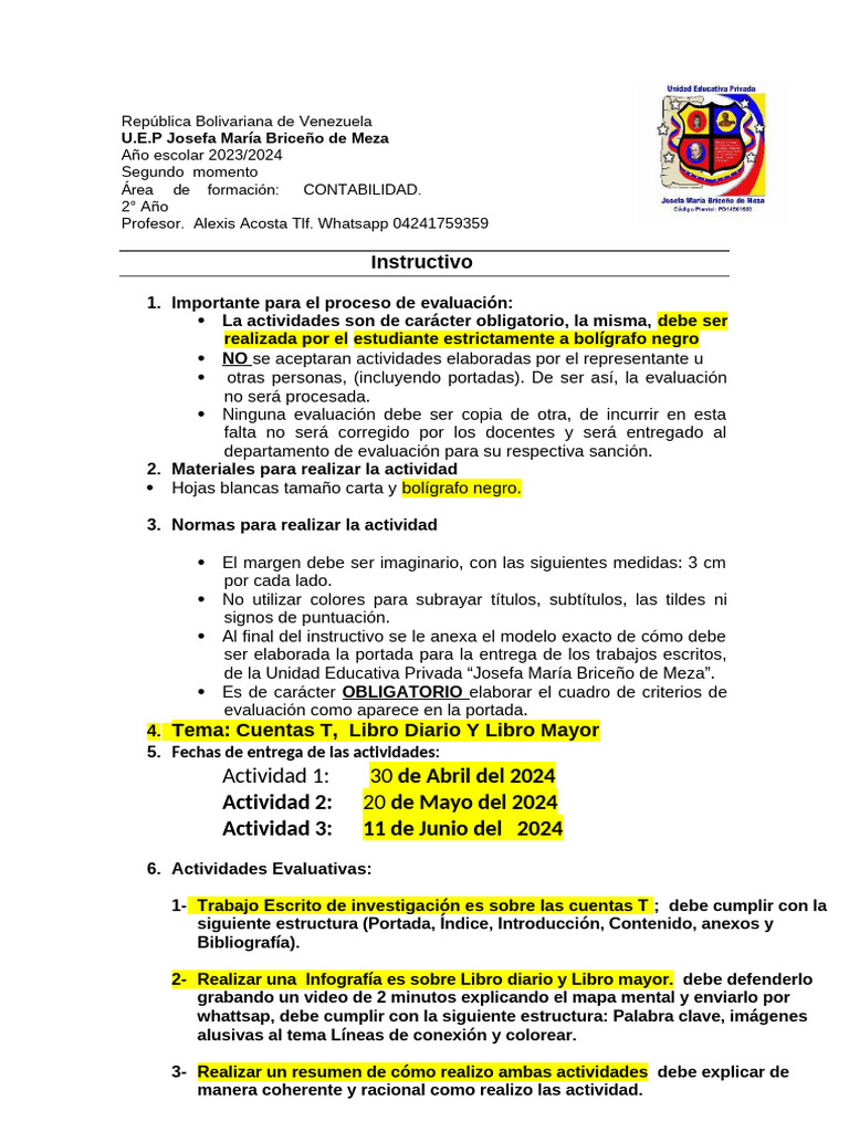 instructivo actividad 2do año- CONTABILIDAD-3er momento | PDF