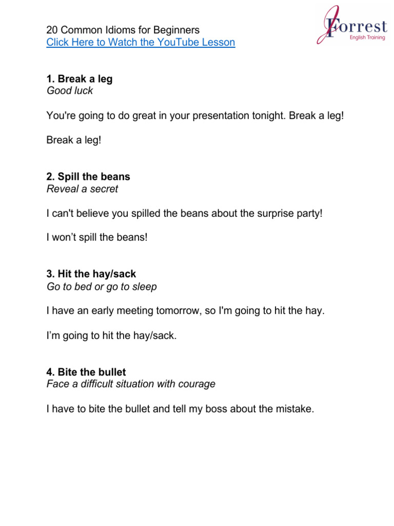 20 Common Idioms Explained | PDF | Idiom