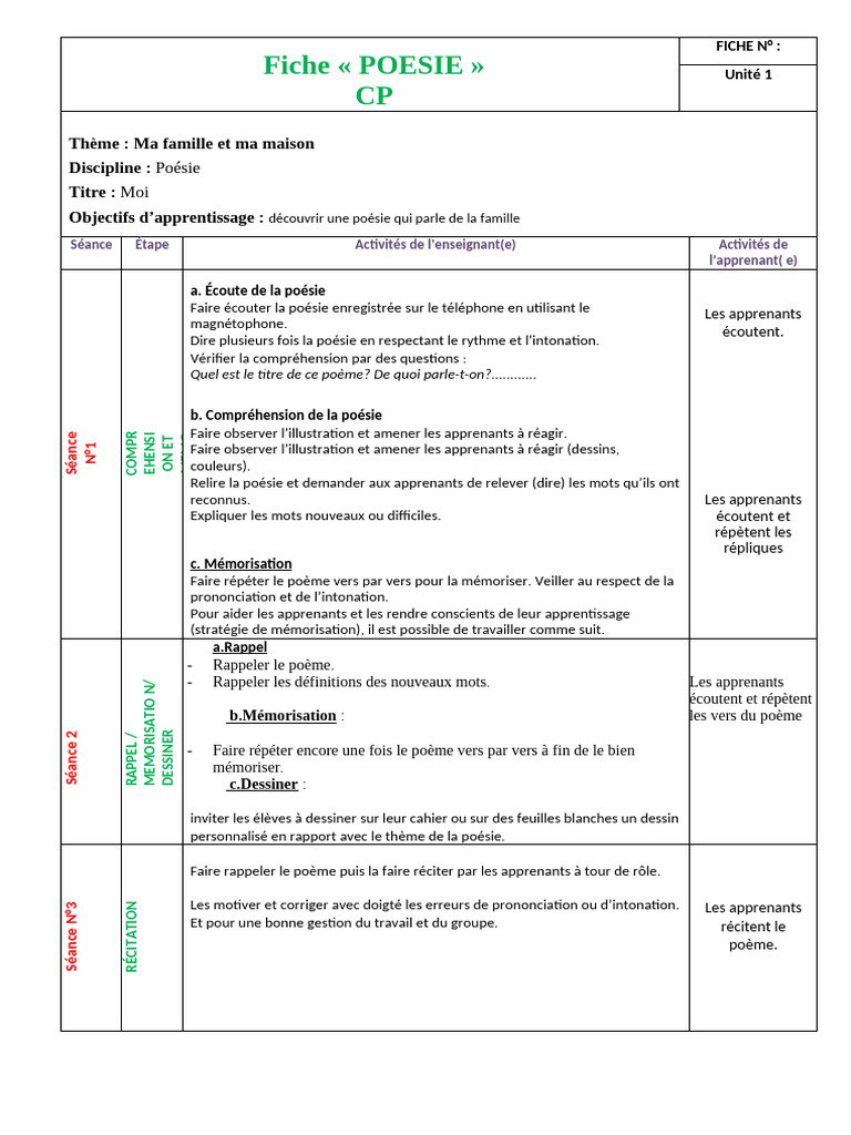 Fiche Cp Poesie Unité 1 | PDF | Poésie