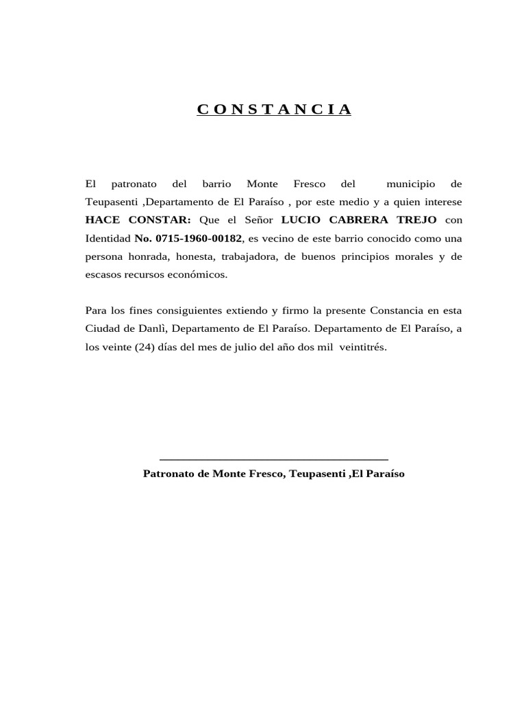 C O N S T A N C I A Alcaldia Patronato Para Acreditar Ser Pobre Y No