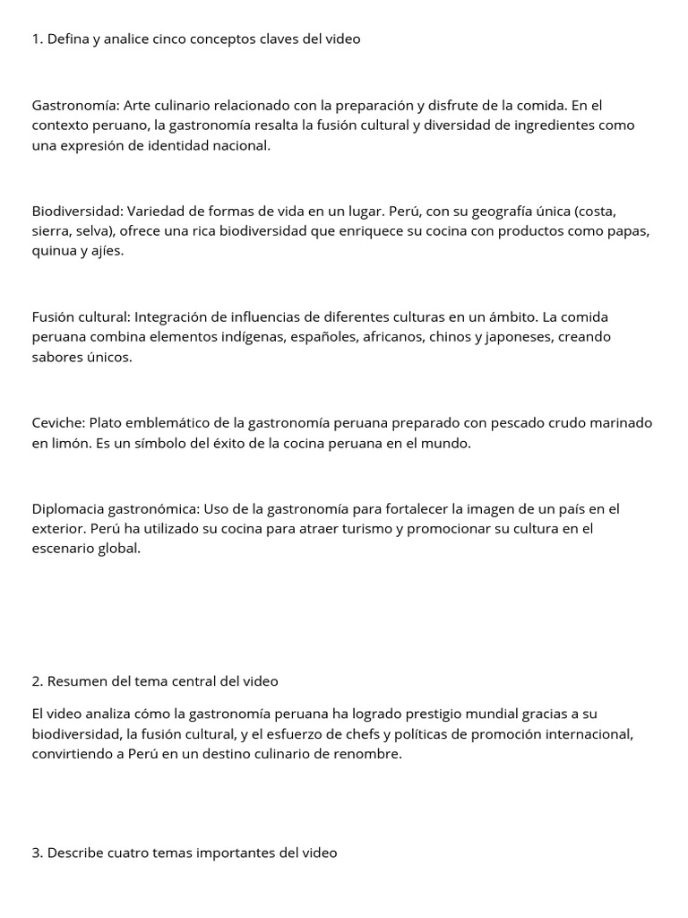 Defina y Analice Cinco Conceptos Claves Del Video | PDF | Perú | Cocina
