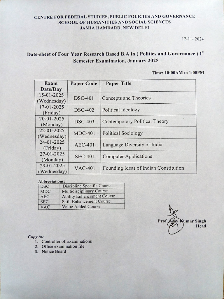 B.A. 1st Sem. Date-Sheet, 2024-25 | PDF