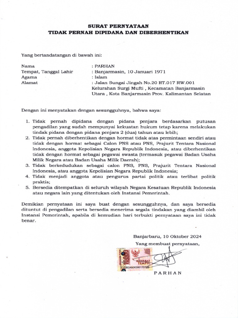 Surat Pernyataan Tidak Pernah Dipidana Dan Diberhentikan - Parhan ...
