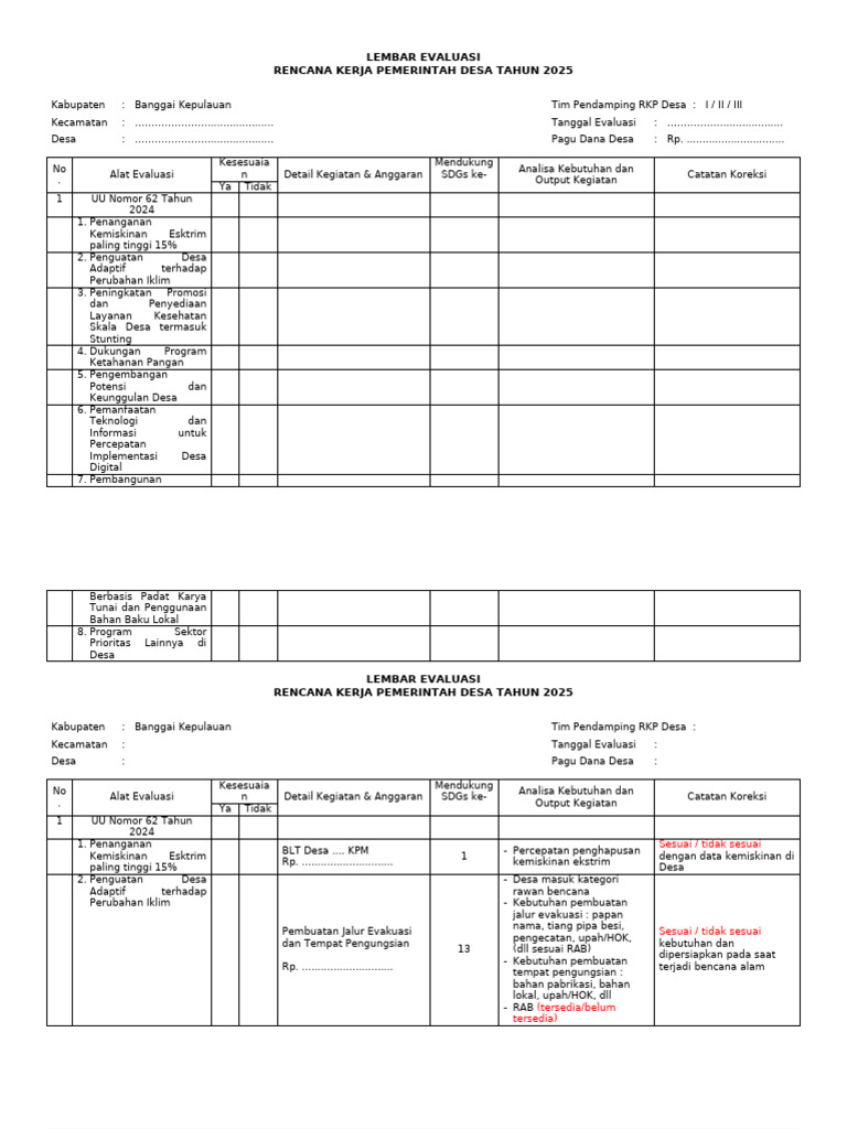 Lembar Evaluasi RKP Desa Tahun 2025 | PDF