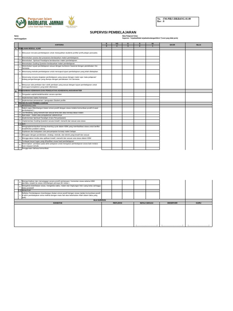 Formulir Supervisi Pembelajaran | PDF