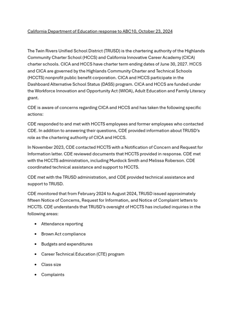 CDE October Response To ABC10 | PDF