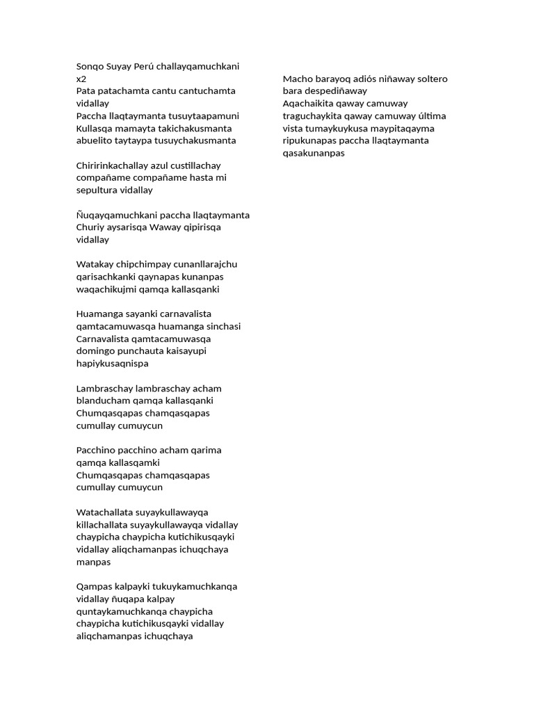 Sonqo Suyay Perú - Letra Carnaval De Paccha 2024 | PDF