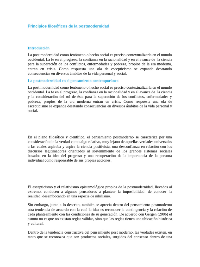Principios Filosóficos de La Postmodernidad | PDF | Sicología | Pensamiento