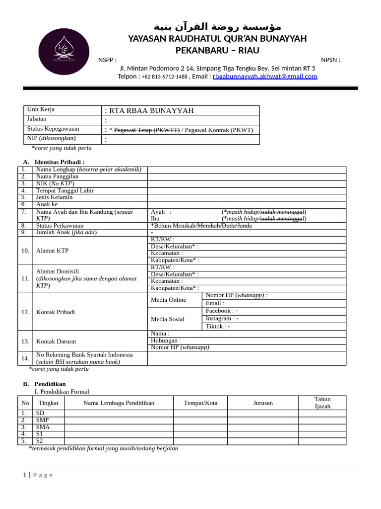 CV KEPEGAWAIAN RBAA BUNAYYAH | PDF