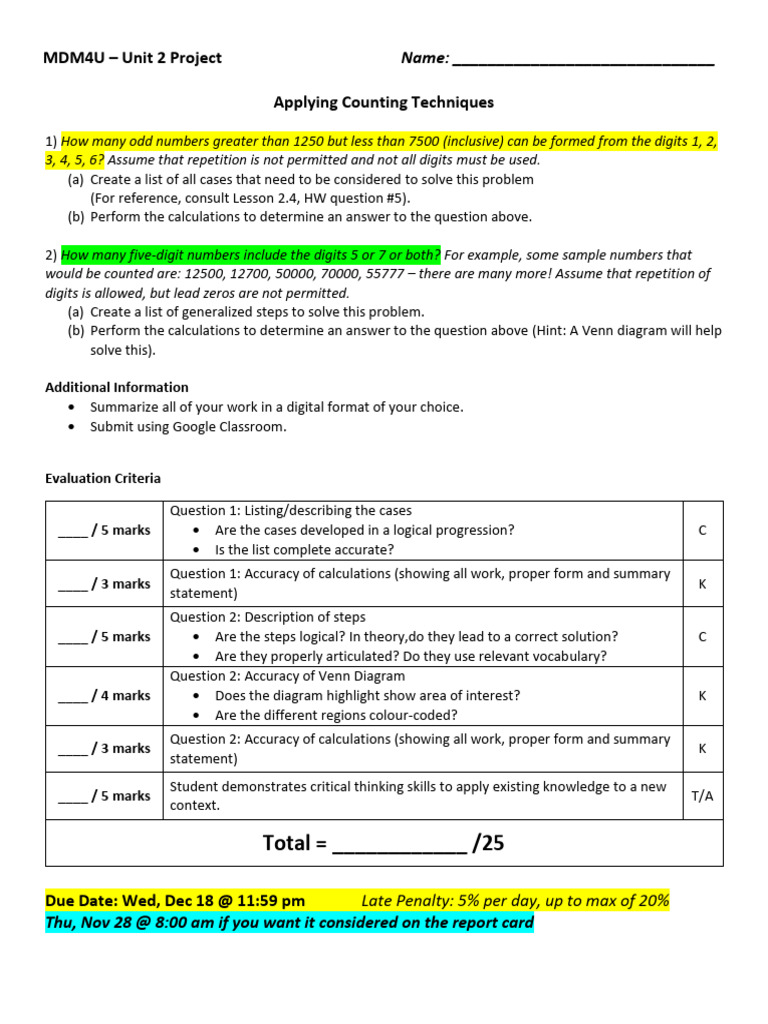 MDM4U Project 2 - Counting Question 2024 | PDF | Accuracy And Precision ...
