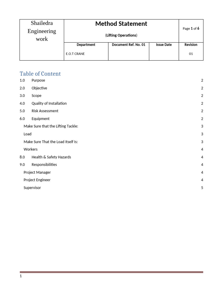 Method Statement For Lifting Operations. | PDF | Occupational Safety And Health | Crane (Machine)