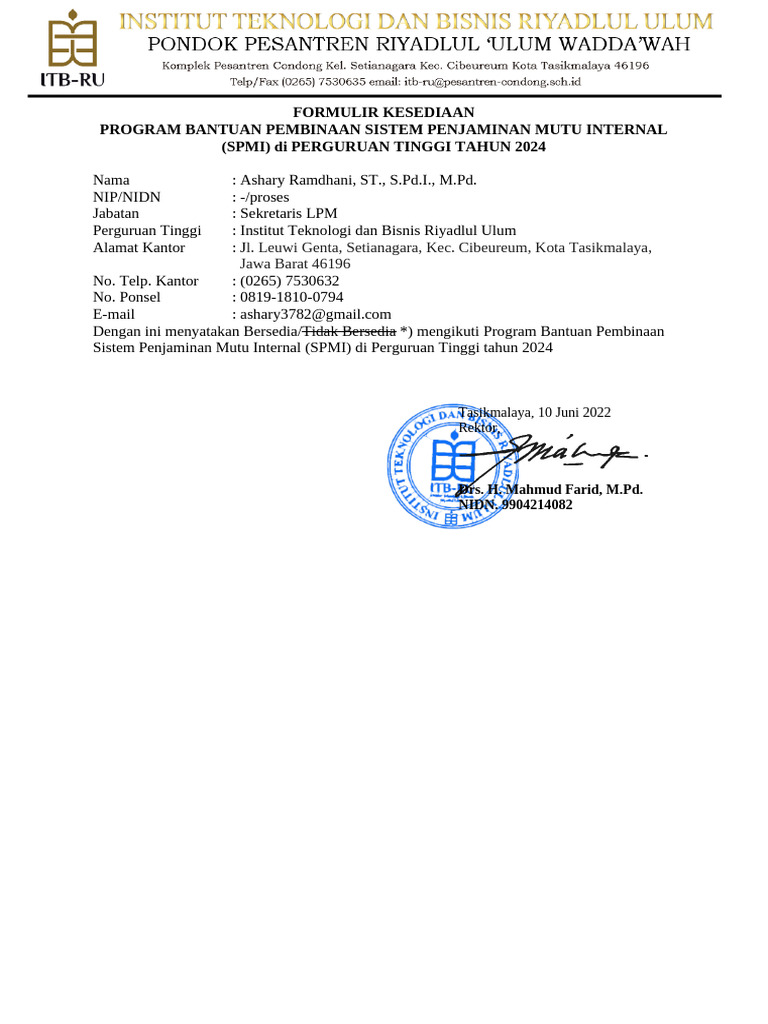 FORMULIR KESEDIAAN spmi | PDF