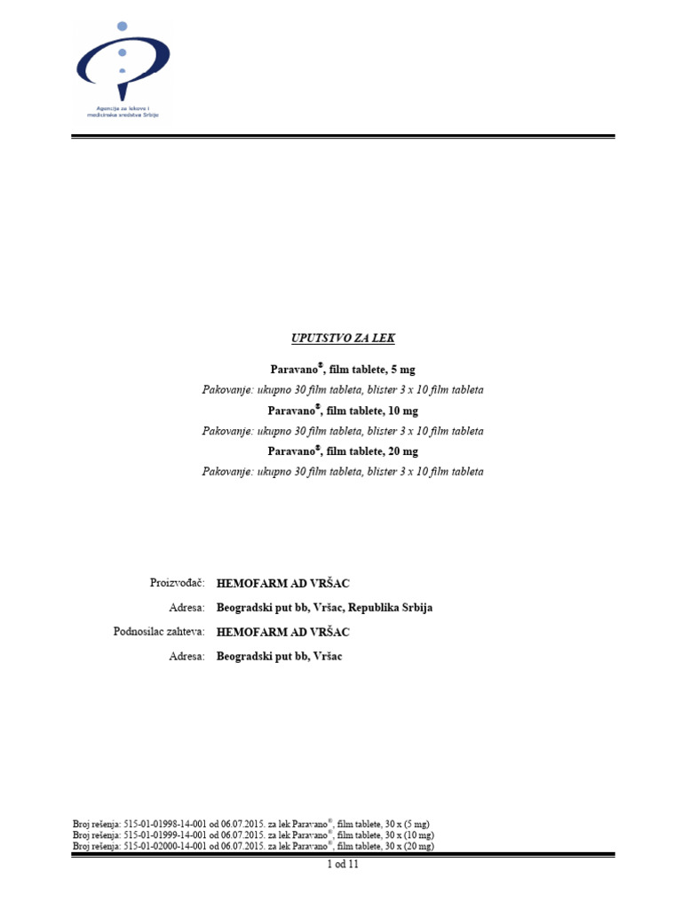 Paravano, Film Tablete, 5 MG: Pakovanje: Ukupno 30 Film Tableta ...