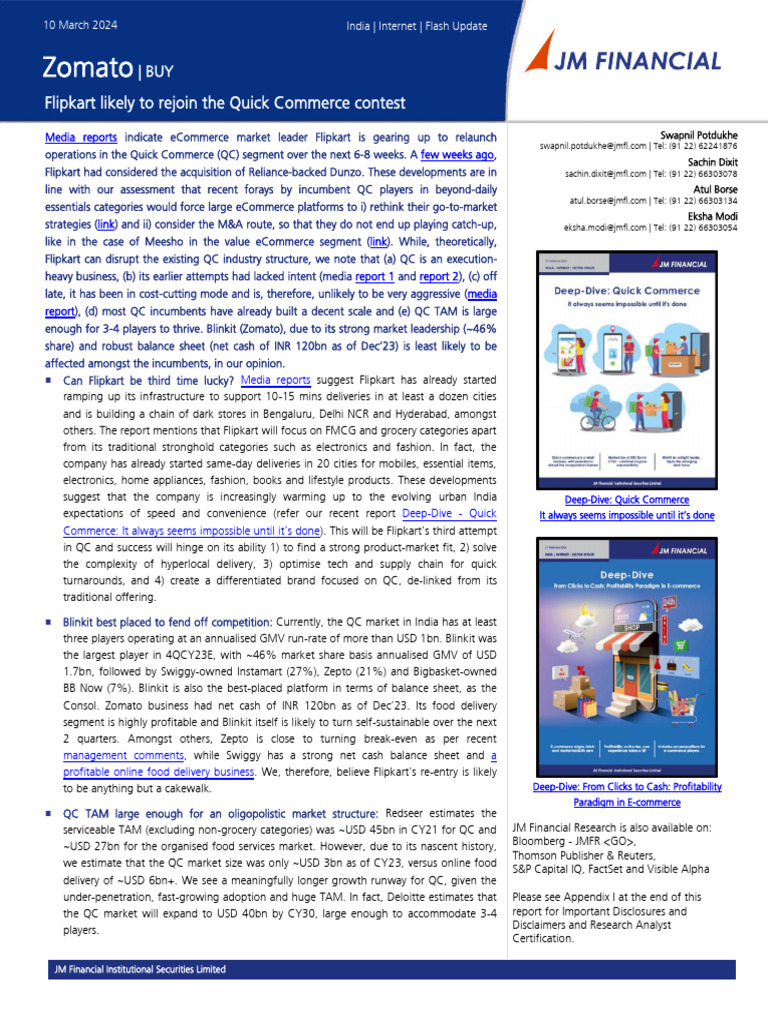 (JMFL) Zomato Flash Update 10032024 | PDF | Securities (Finance ...