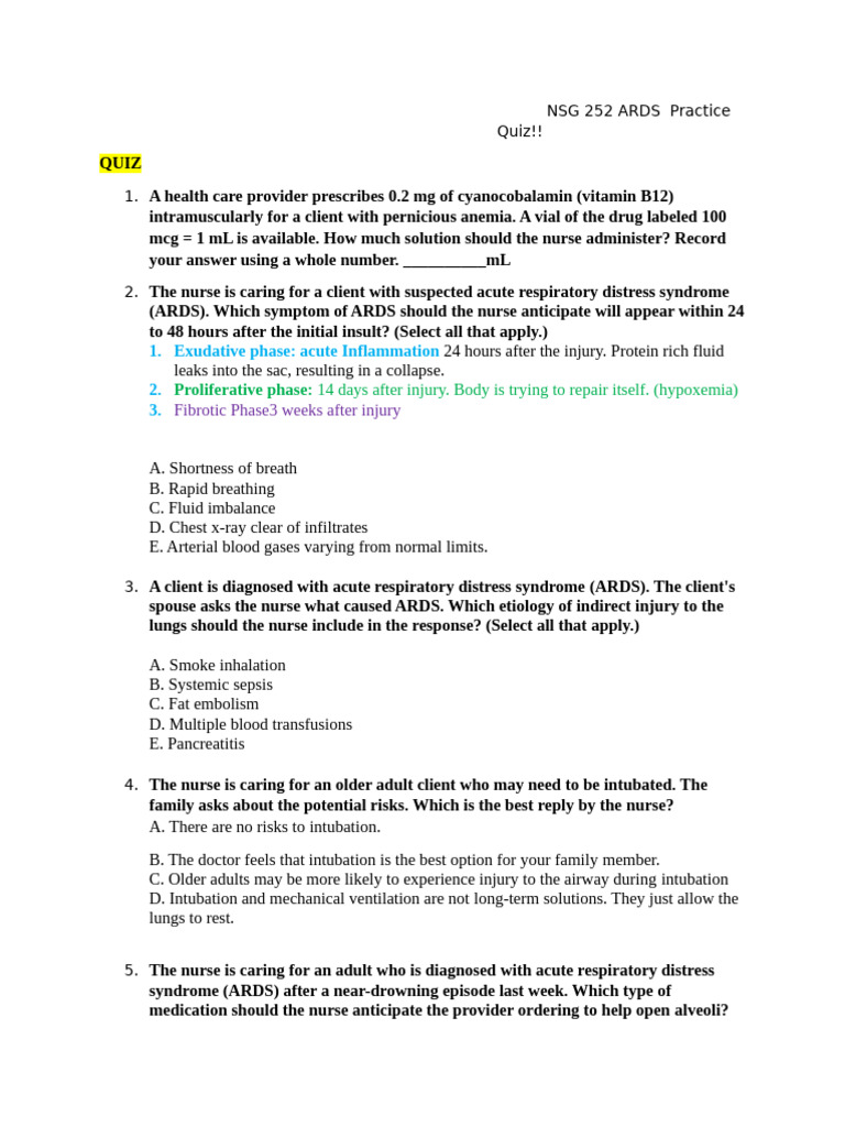 NSG 252 ARDS Quiz questions only | PDF | Lung | Respiratory System