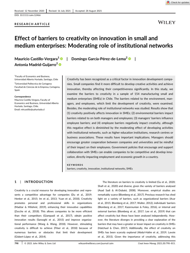 Effect of Barriers To Creativity On Innovation in Small and Medium Enterprises: Moderating Role ...