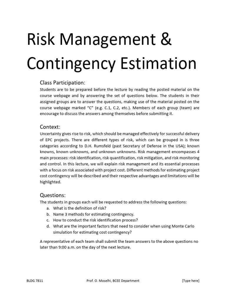 Questions - Risk Management and Contingency Estimating | PDF